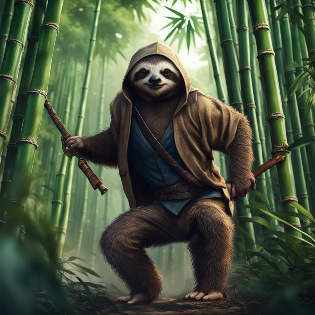 A stealthy ninja sloth on a mission as a detective in a bamboo forest ...