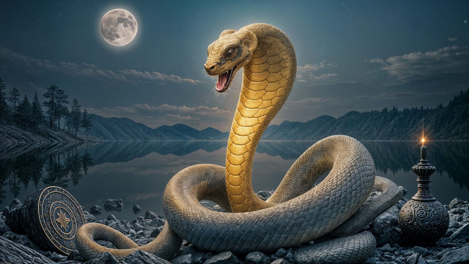 Elegant Snake Goddess Shines Under Cosmic Moonligh... - AI Art