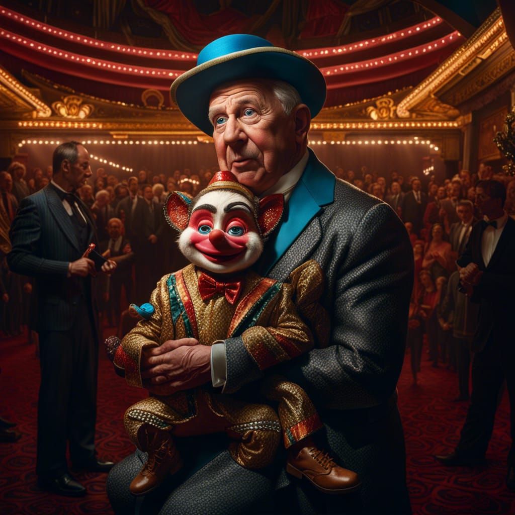 Vegas performer on stage, carrying a funny ventriloquist puppet - AI ...