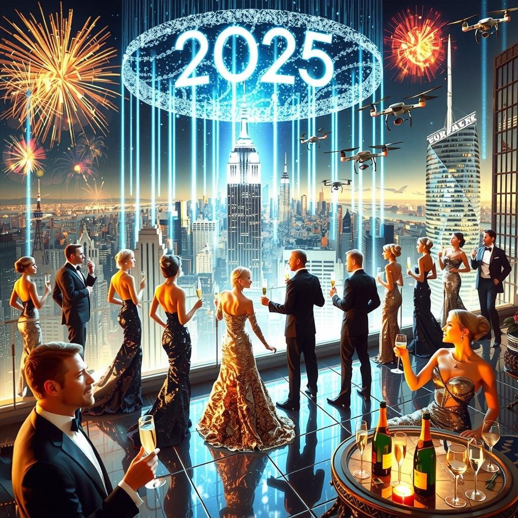 An extravagant rooftop 2025 New Year’s party in Manhattan