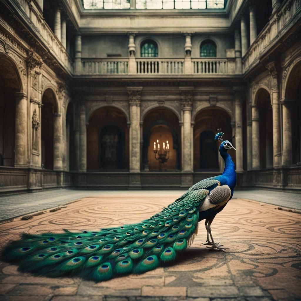 A peacock in a beautiful court of a Renaissance mansion
