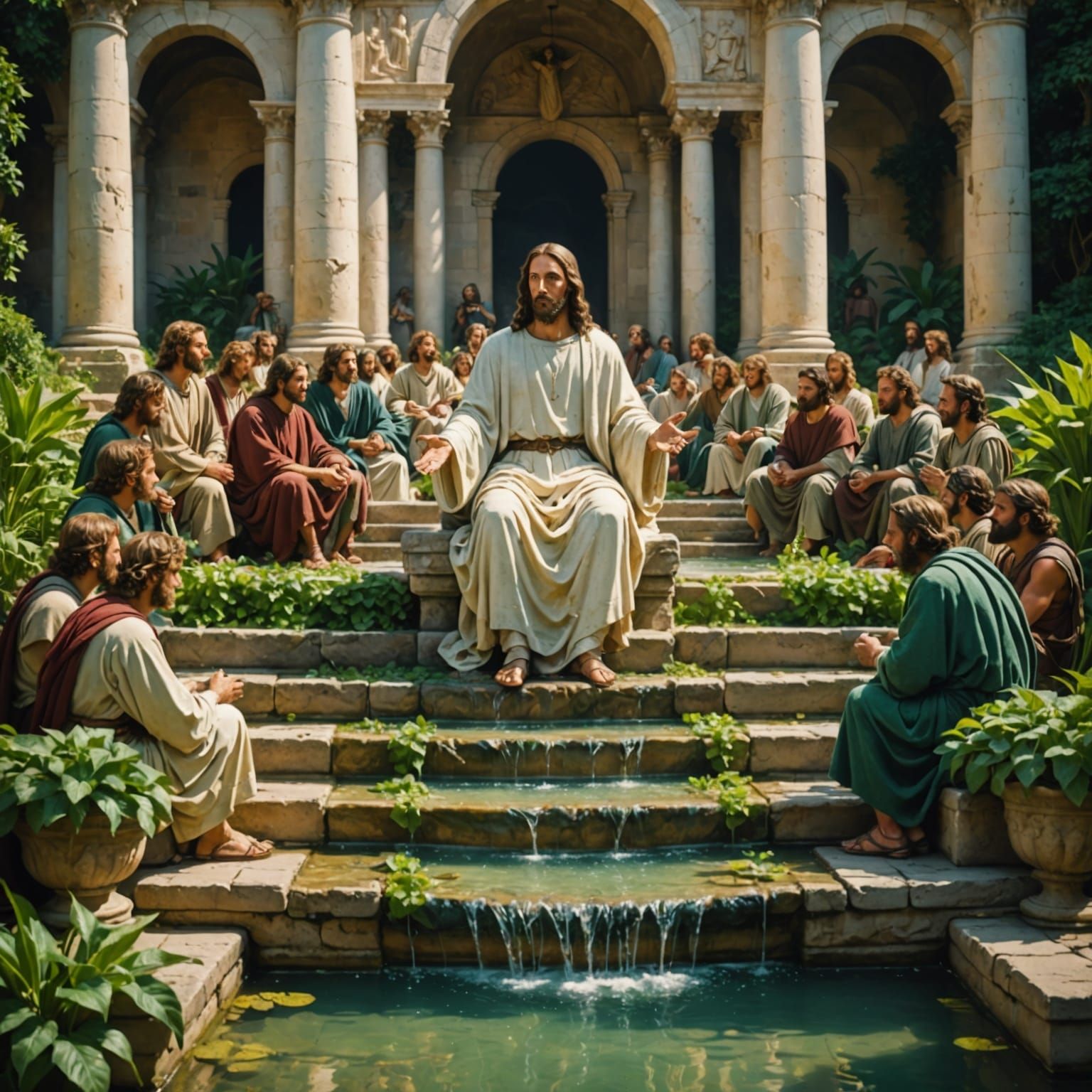 Ancient Roman Christ Teaches from a Fountain Stair... - AI Art