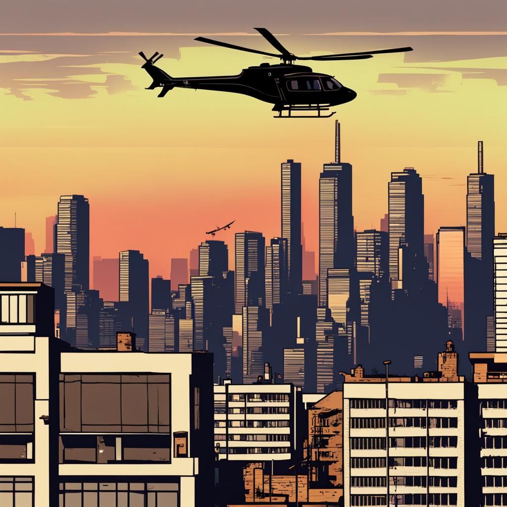 urban skyline with helicopter grand theft auto style - AI Generated ...
