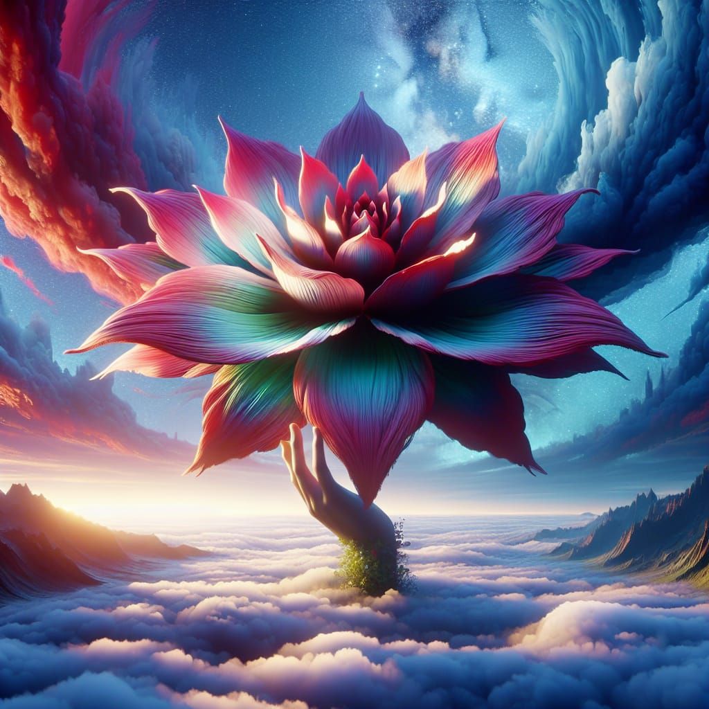 Gigantic beautiful singular flower held up into the dreamy sky - AI ...
