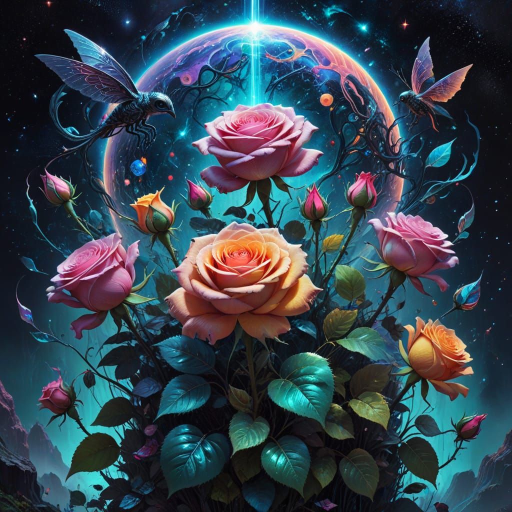 Alien Pollinators - Ethereal Roses in Cosmic Holographic Sty...