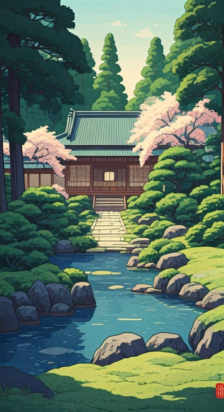 Surreal Japanese Zen Garden Scene in Hokusai Style - AI Art