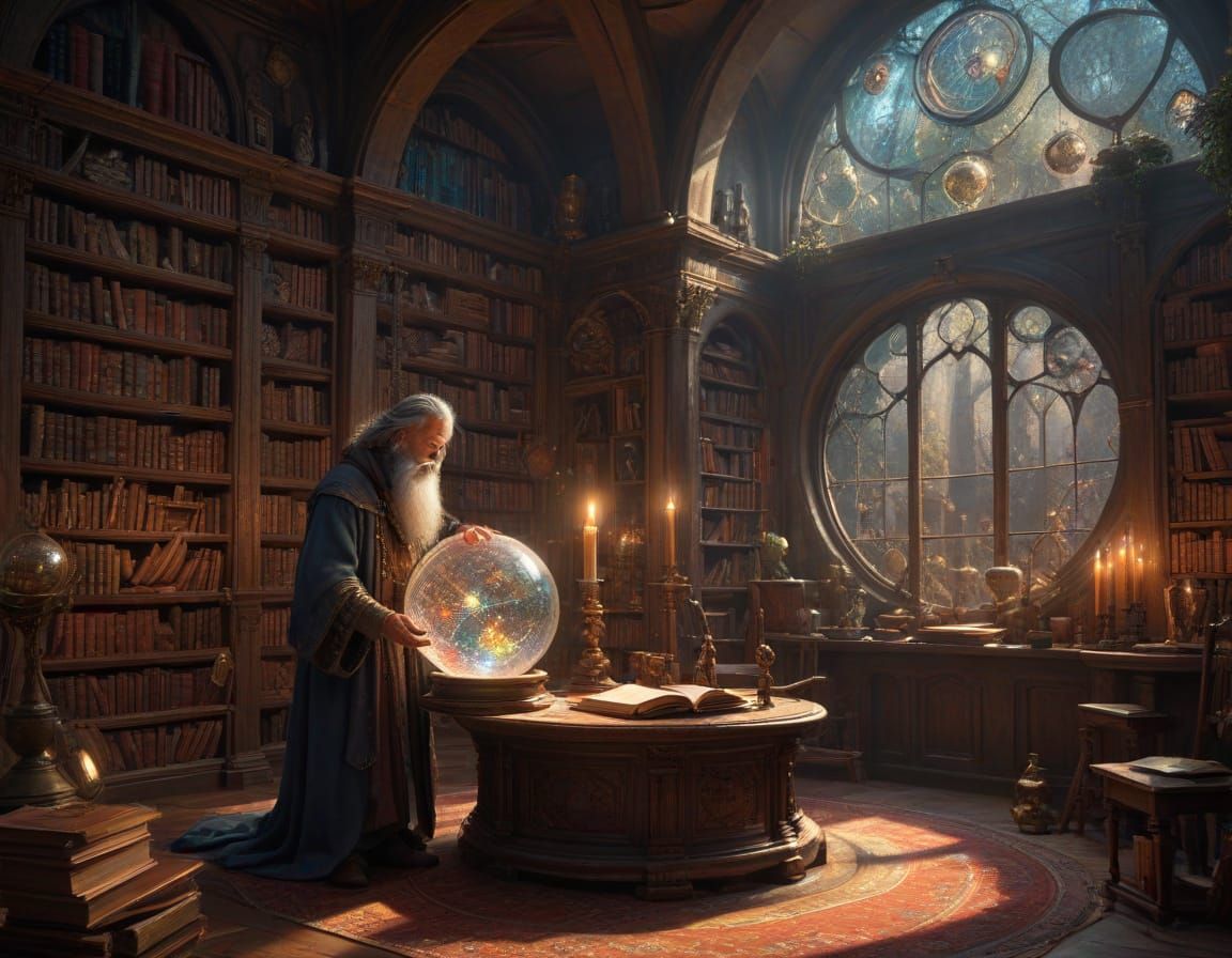 Ethereal Wizard in Mystical Library - AI Art