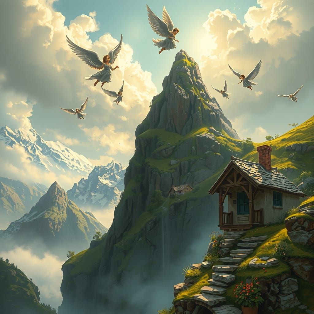 Angels Soar Amidst Whimsical Mountains - AI Art