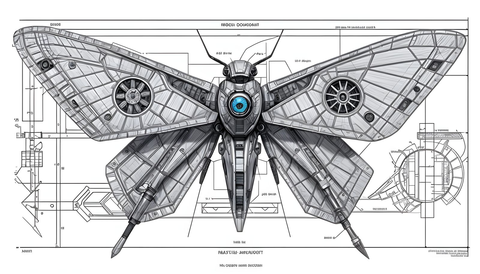 Robotic Moth Blueprints in Futuristic Minimalist S... - AI Art