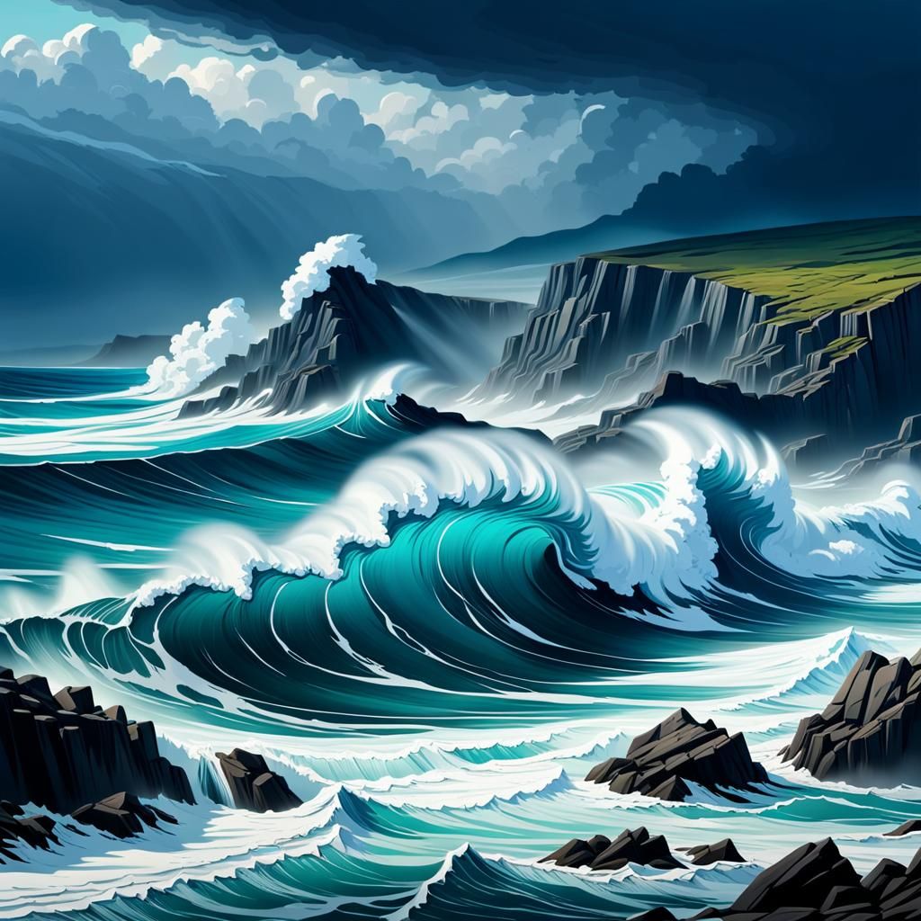 Wild ocean waves fracture on the rocks near the shore. - AI Generated ...