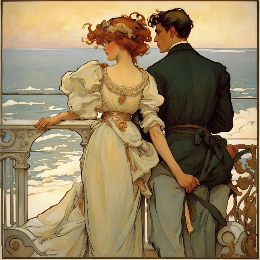 Handsome young couple looking at the sea Alphonse Mucha - AI Generated ...