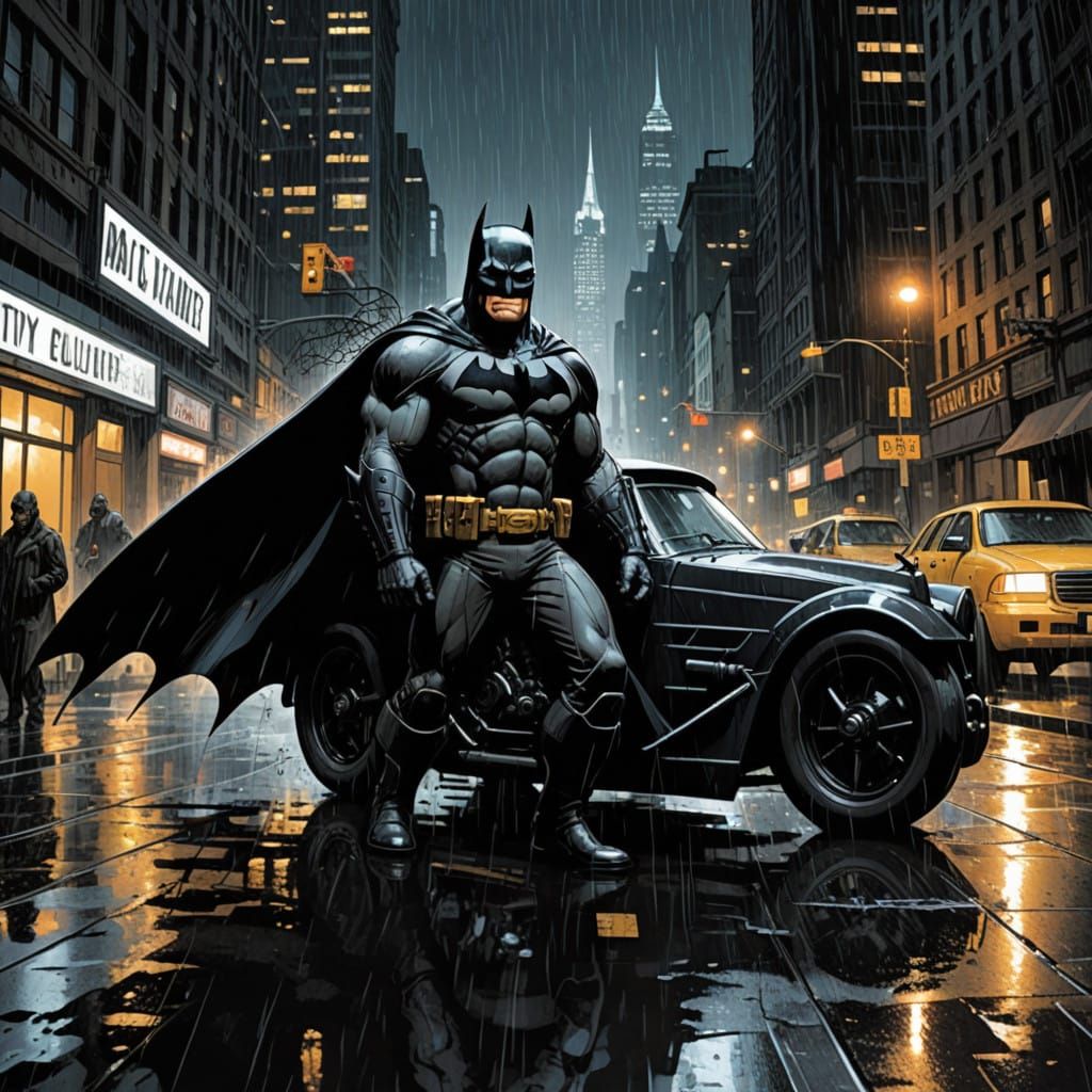 Homer Simpson, dressed in a worn and stretched Batman suit, complete ...