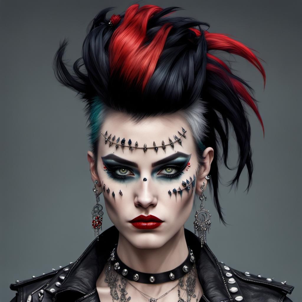 A hyperrealistic portrait of a pretty punk girl with a defiant and ...