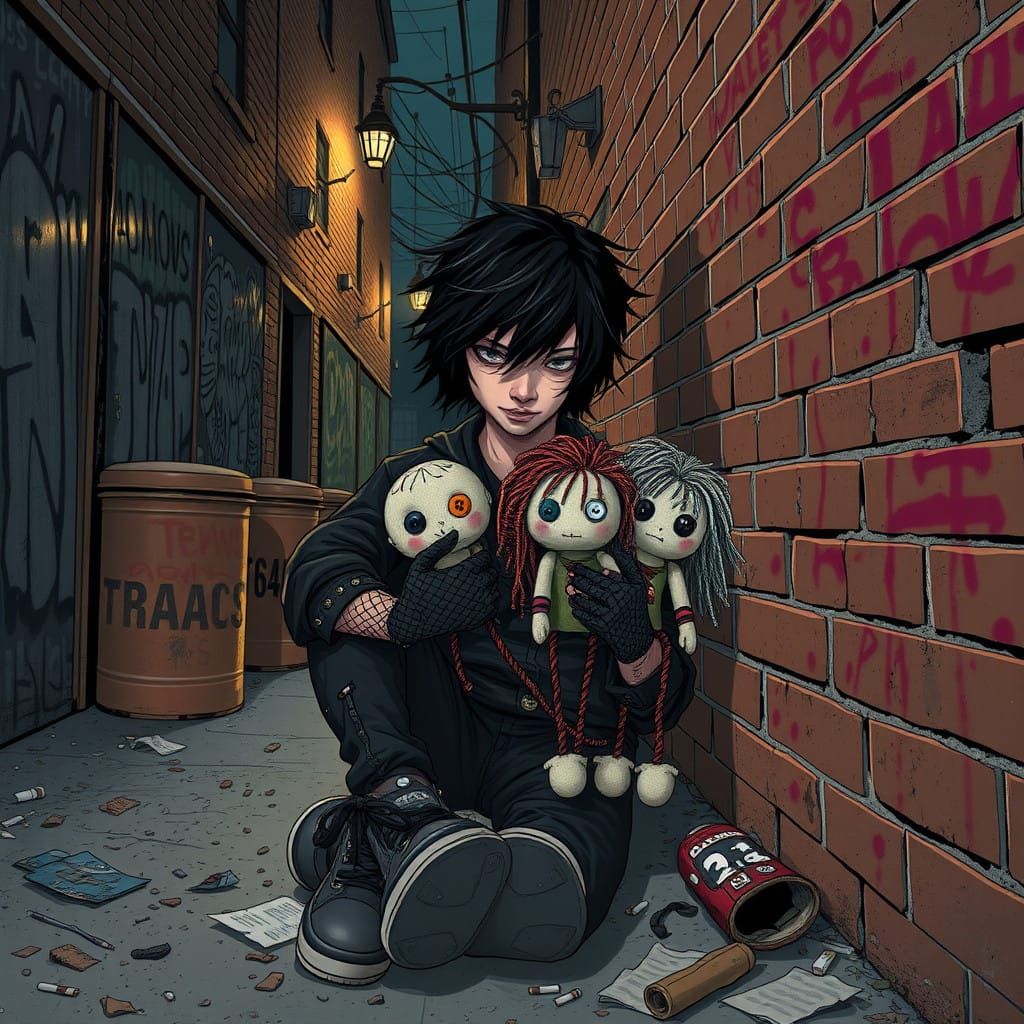 Introspective emo teenager with black hair, fishnet gloves, and studded ...