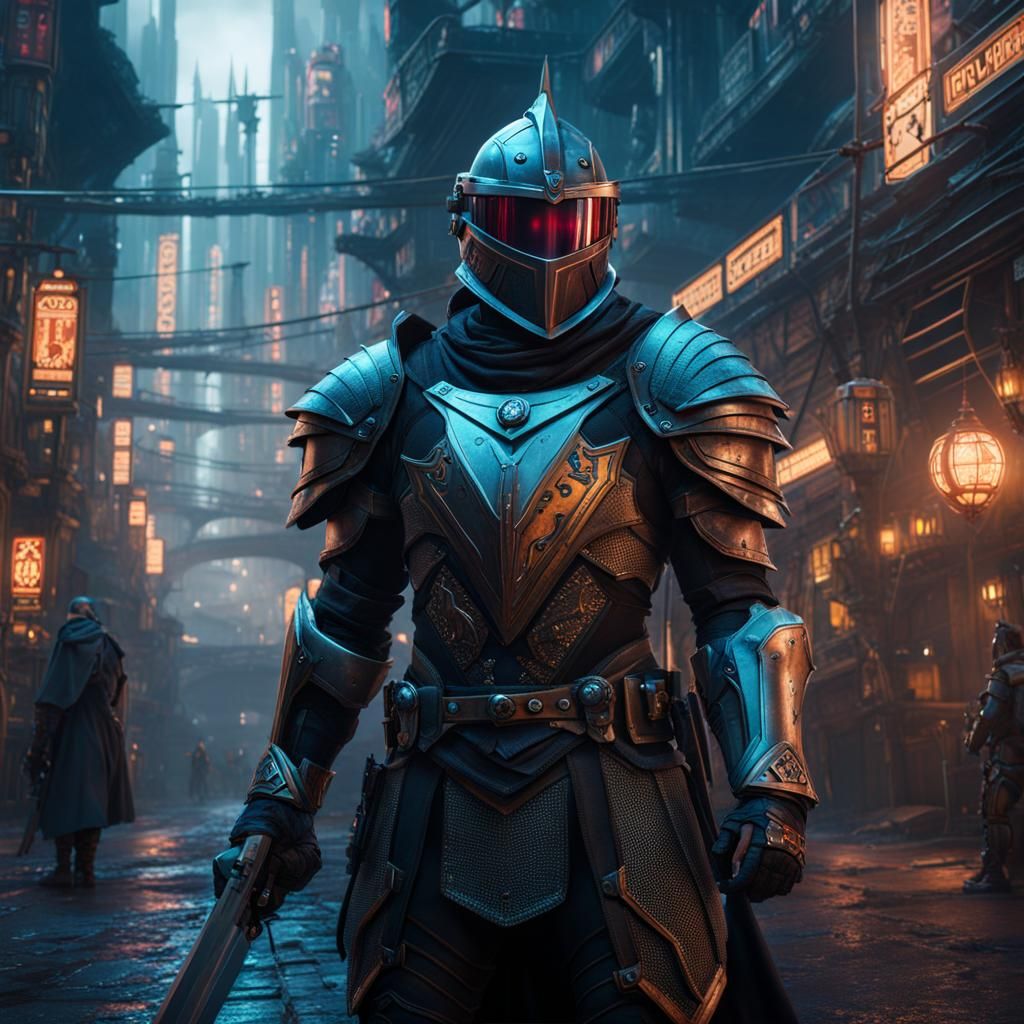 medieval knight in a sci-fi cyberpunk town detailed matte painting ...