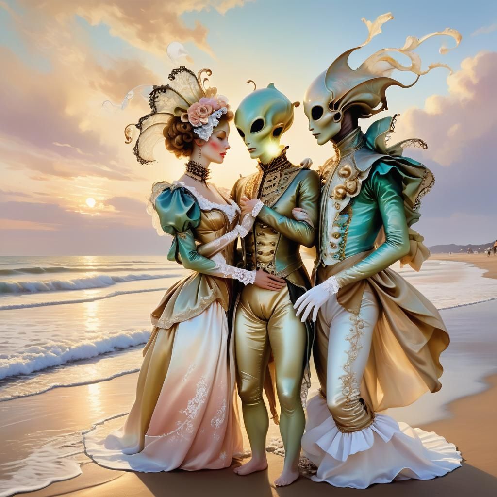 Rococo Revival Romantic painting - Whimsical Alien Lovers in...