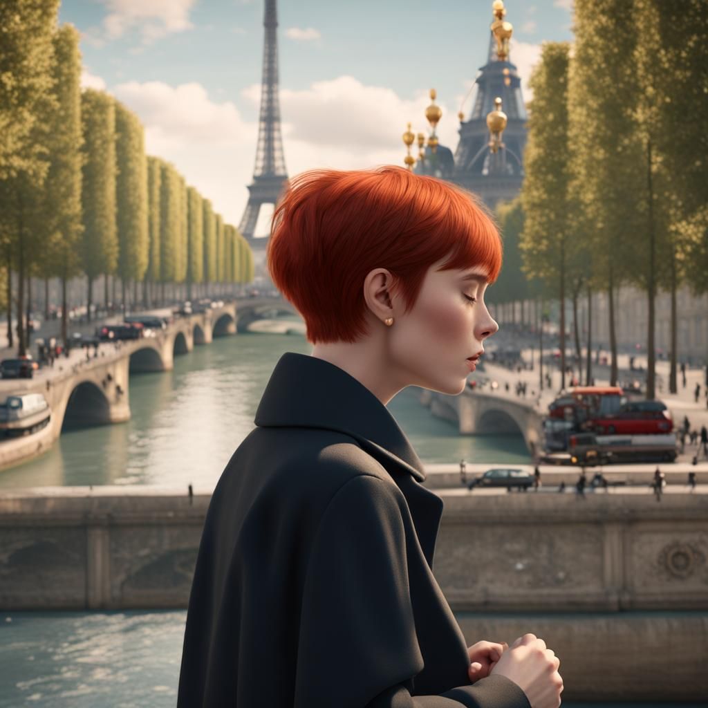 Redhead French Girl with a pixie cut sneezing in Paris, detailed matte painting 8K resolution ...