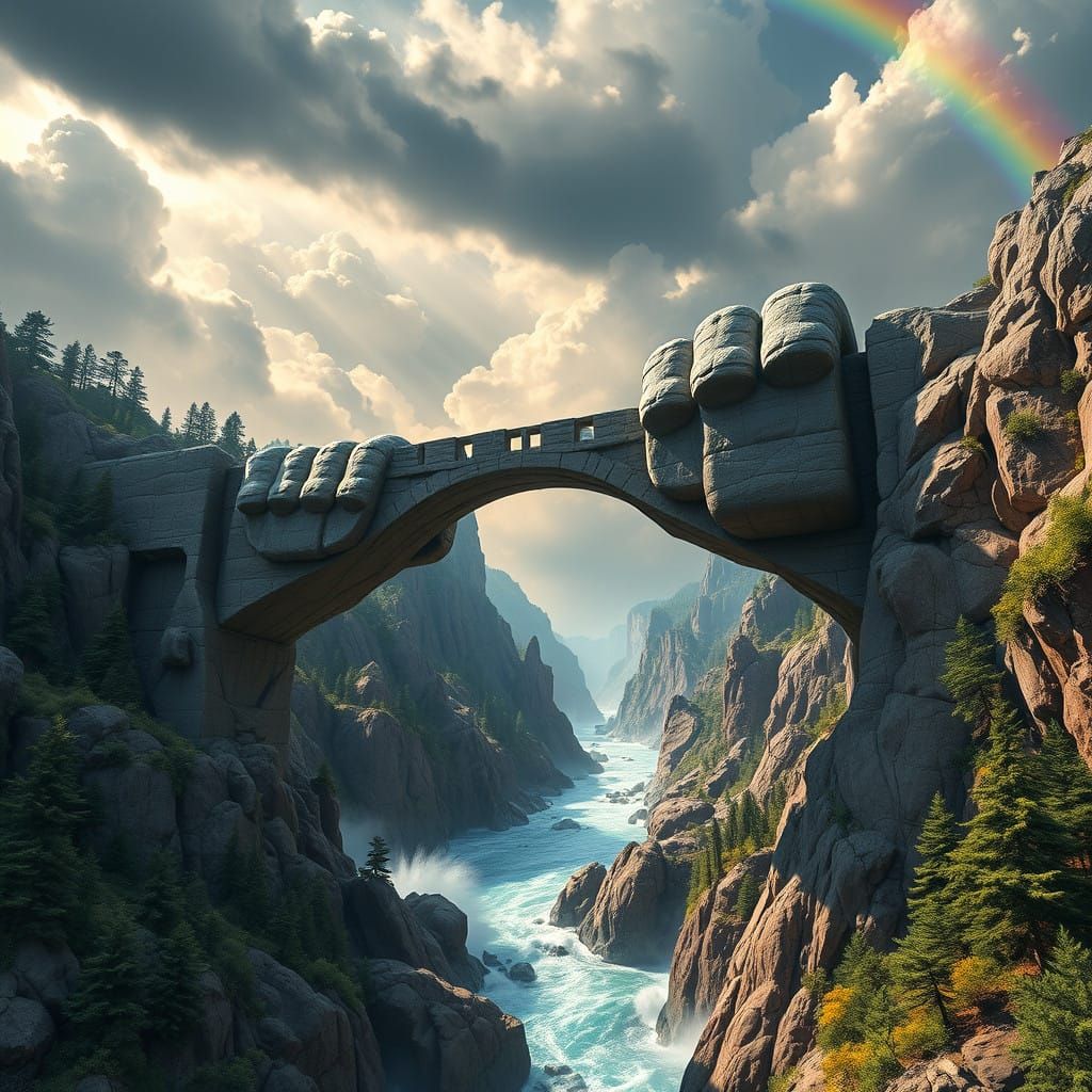 Two giant stone hands are holding a bridge