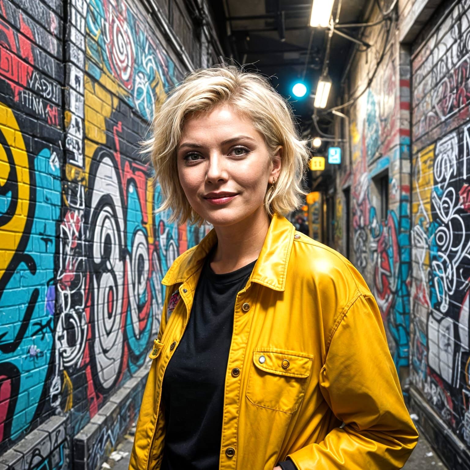 A smiling portrait: short haired blonde Debbie Harry figure standing in ...