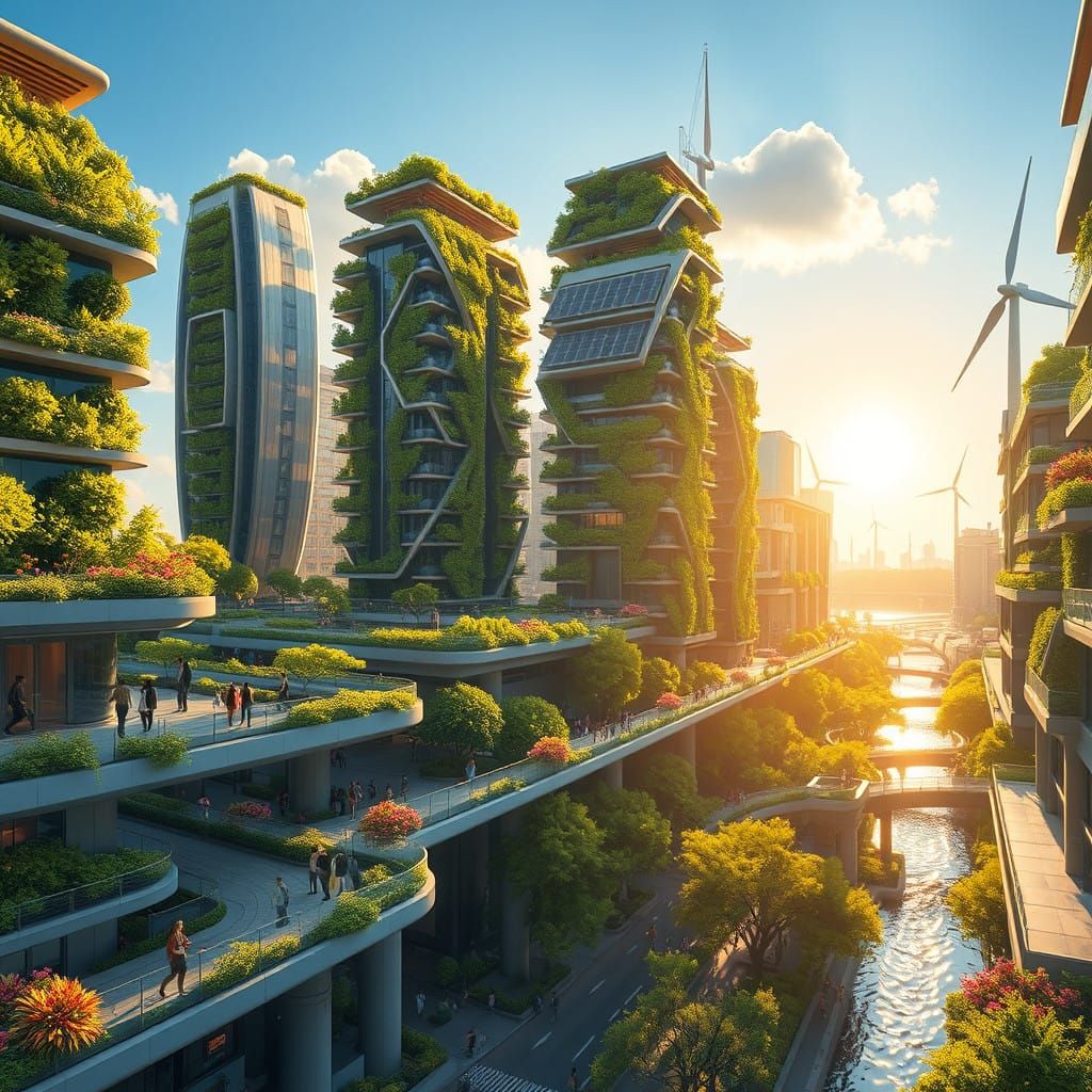 Green City - Vibrant Solarpunk Cityscape with Futuristic Gre...