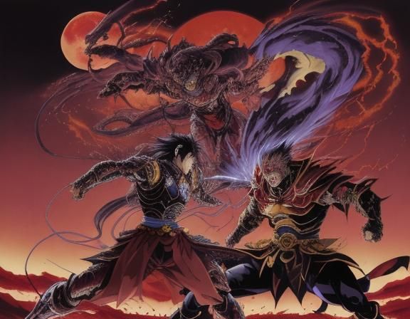 Art by Yoshitaka Amano, Hirohiko Araki, intense battle scene, iconic ...