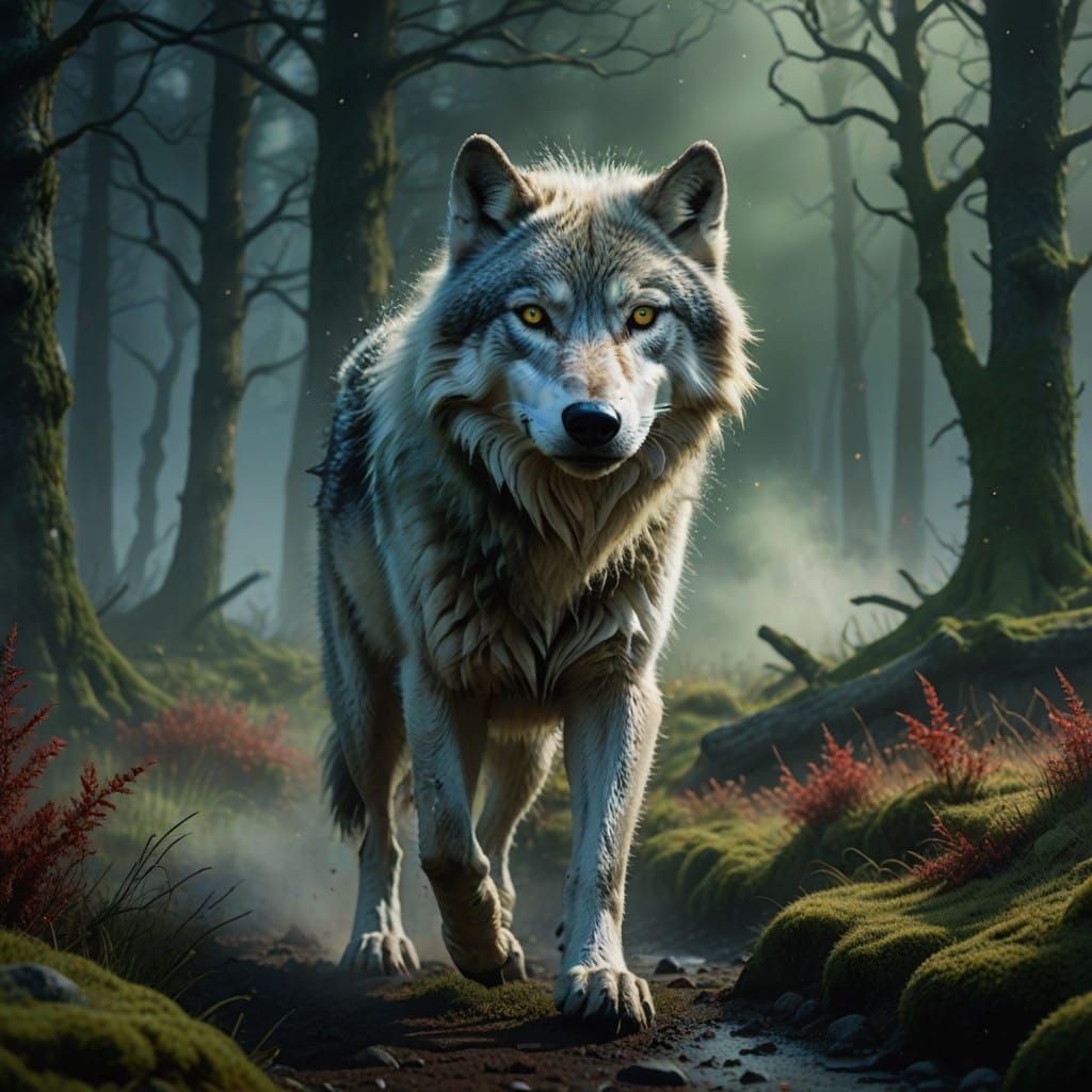 Surreal Arctic Wolf Emerges from Colorful Fog in F... - AI Art