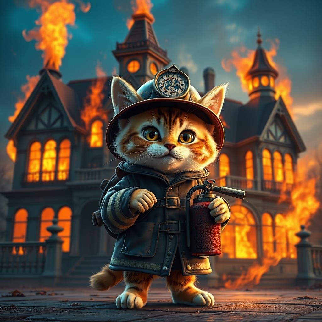 a firefighter cat - Heroic Firefighter Cat in Whimsical Fan...