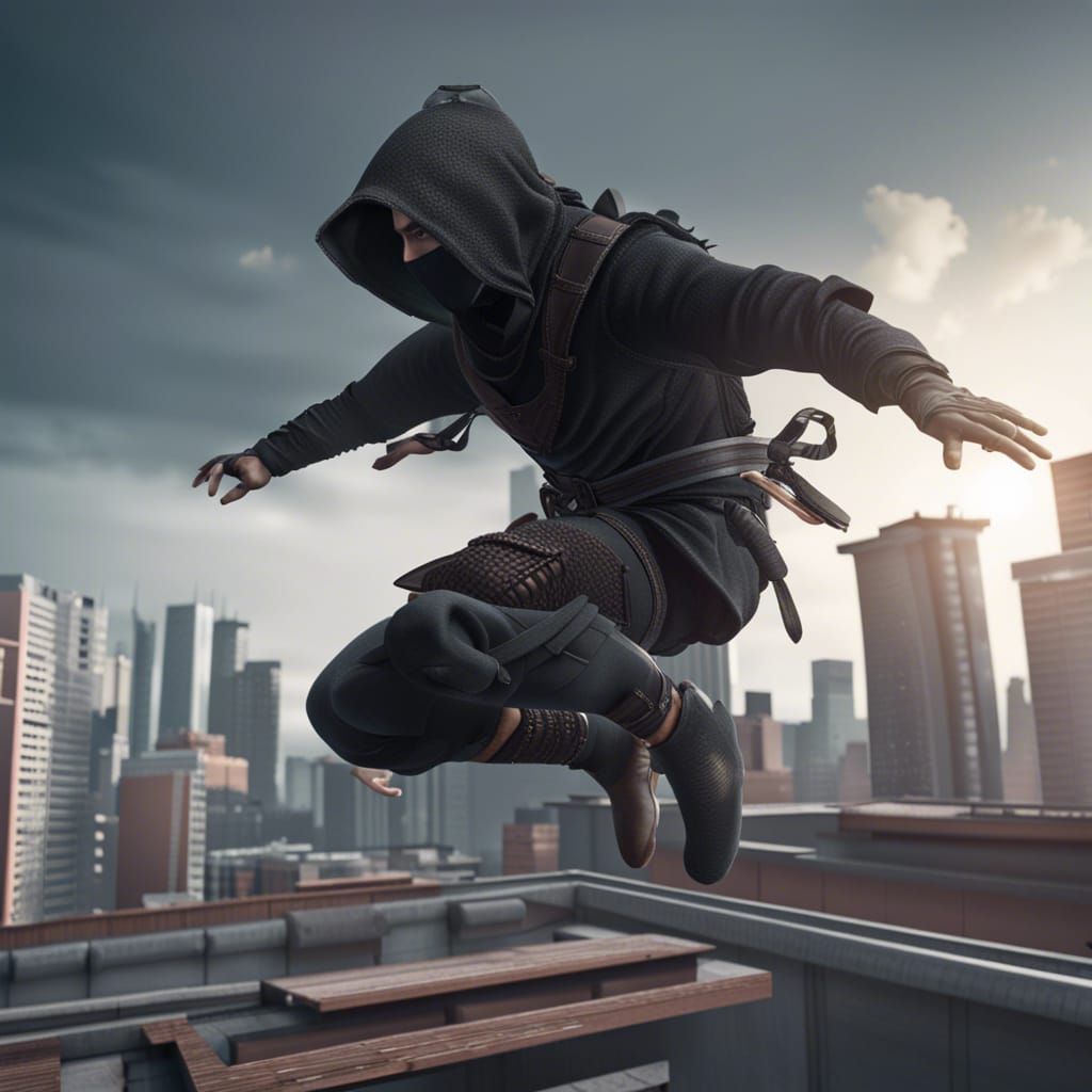 A ninja jumping from rooftop to rooftop in a city - AI Generated ...