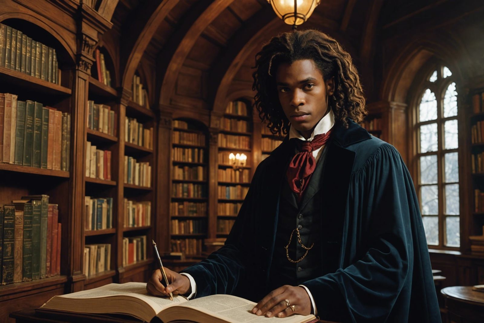 photography, movie scene medium shot, a young male african-american ...