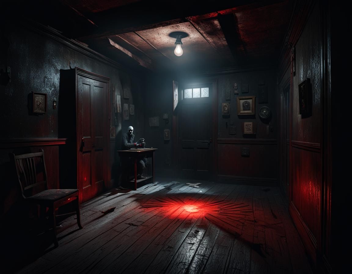 Eerie basement with one light bulb on , standing in a dark corner is a ...