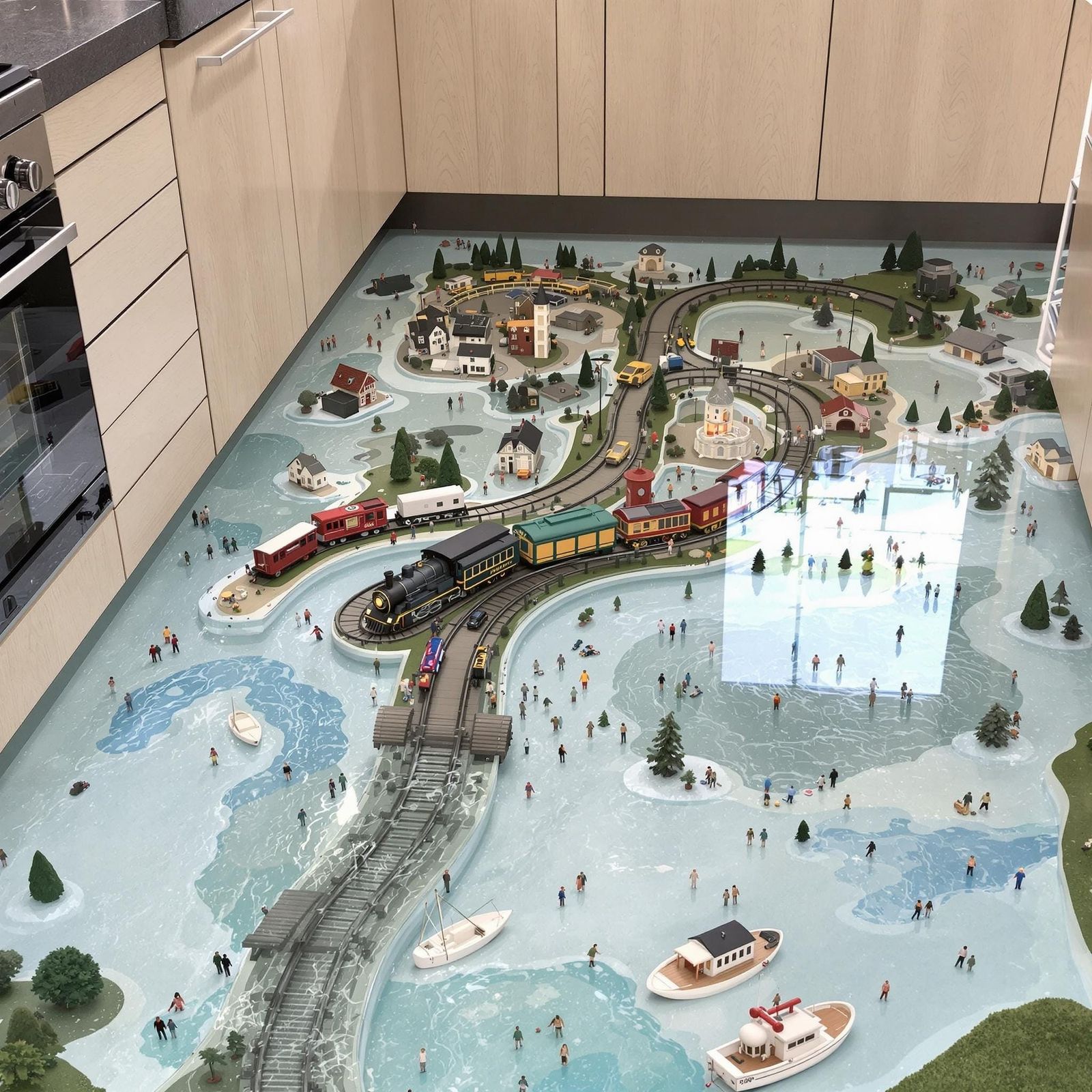 A clear resin set kitchen floor. With a miniature train set city built ...
