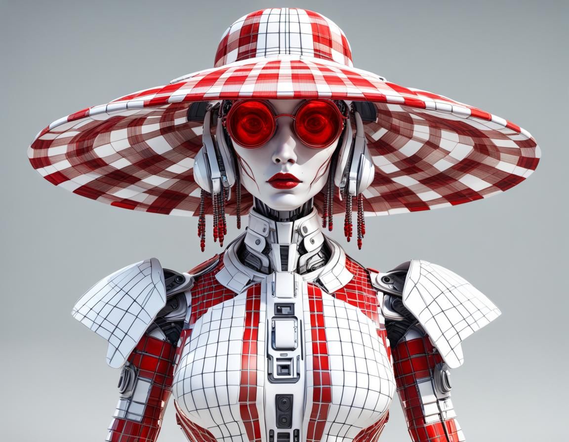 cyborg wearing a checked ensemble Plaid large brim sun hat - AI ...