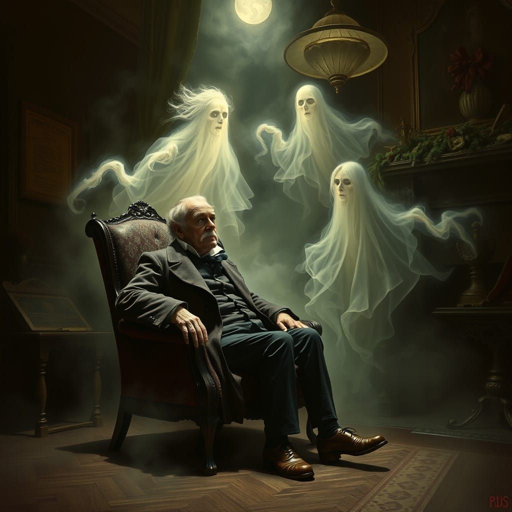 Ghost from Past, Present and Future visiting Ebenezer Scrooge