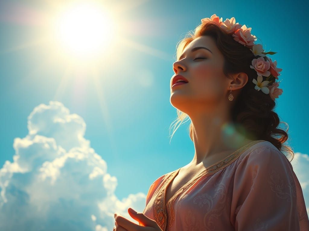 A woman sing to invoke the sun, and the sun bright
