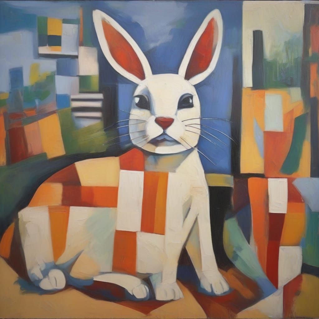 Vibrant Cubist Landscape with Gingham Rabbit and G... - AI Art