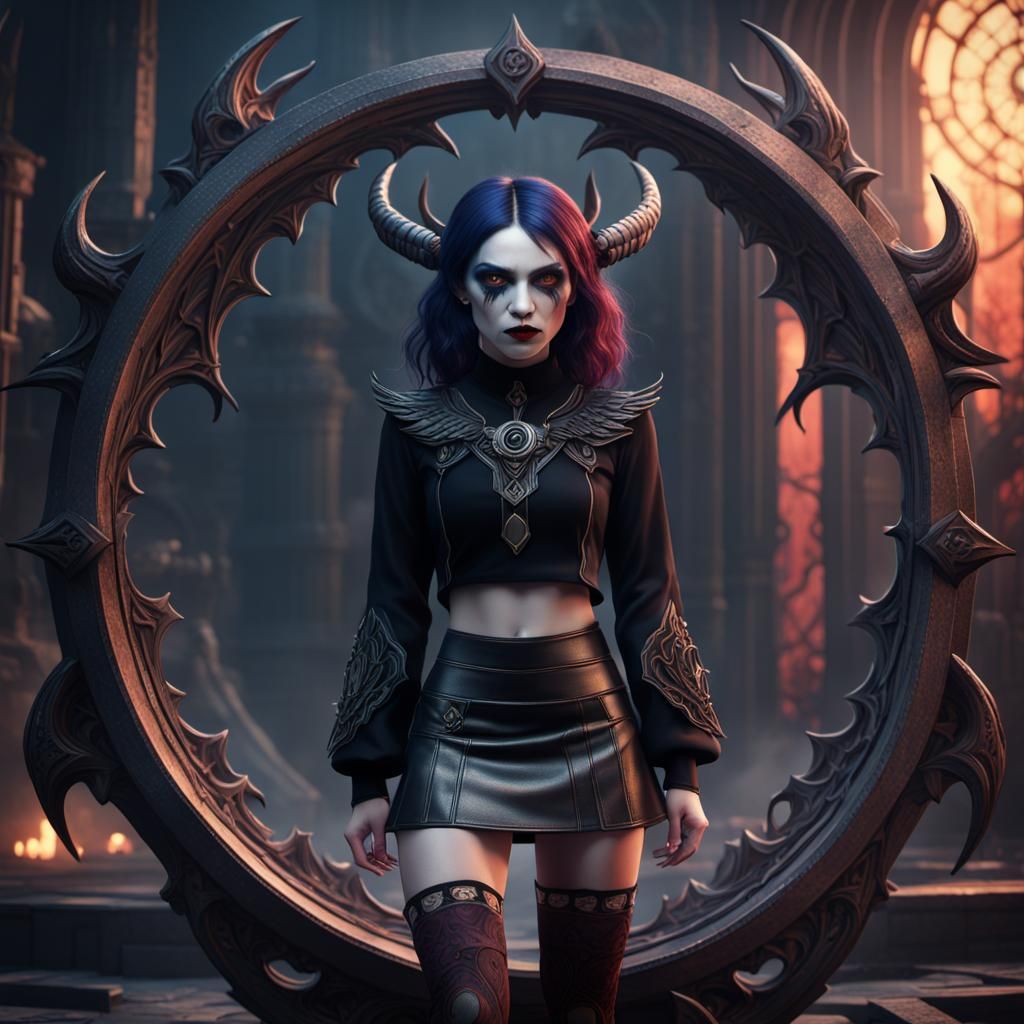 scary demons and beautiful goth woman miniskirt inside circle shape art ...