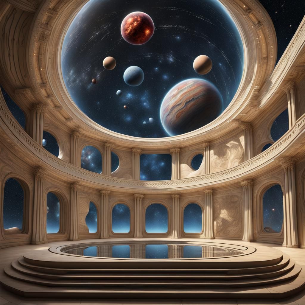 Hyper-realistic huge chamber with all walls of glass looking out into ...