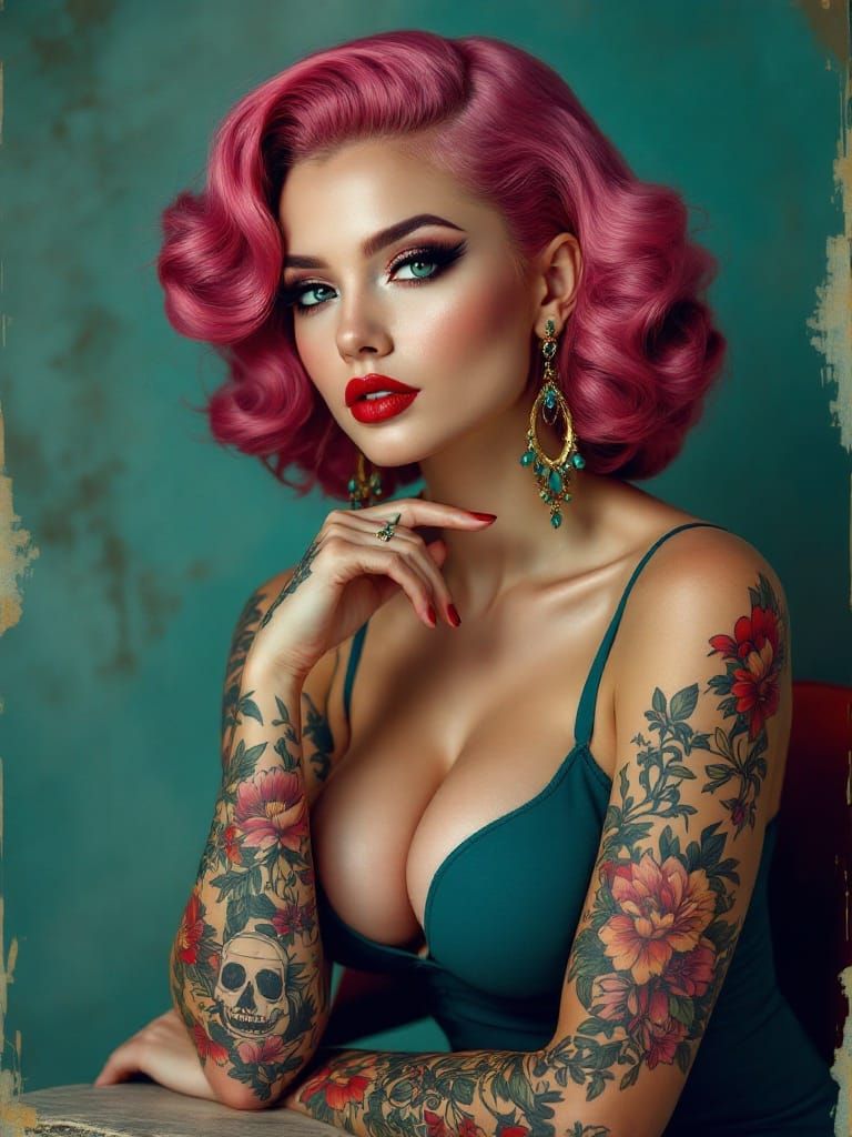 Neon hair, bold gaze, Stories written on her flesh— A canvas of fire.