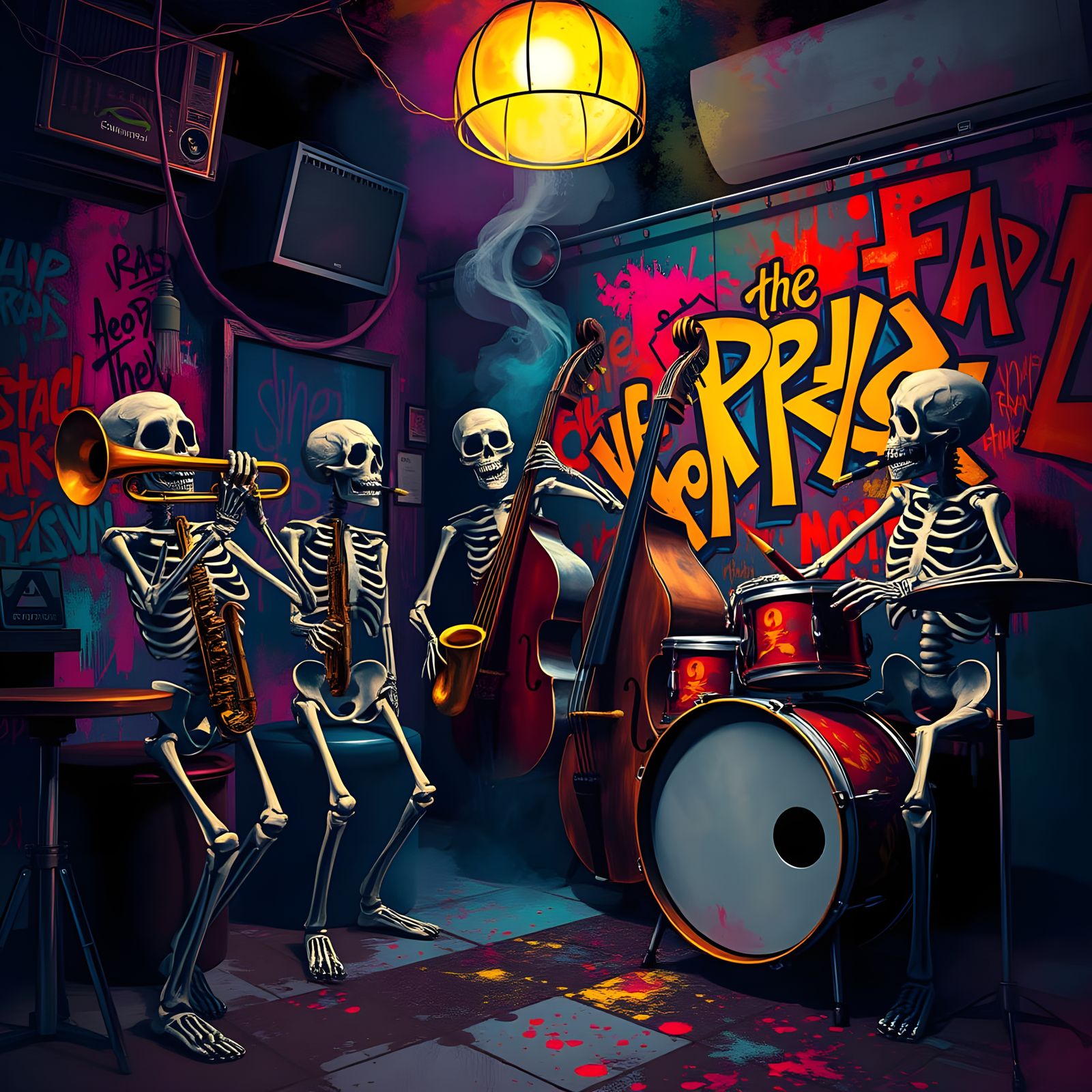 Surreal Jazz Club Scene with Skeleton Musicians in... - AI Art