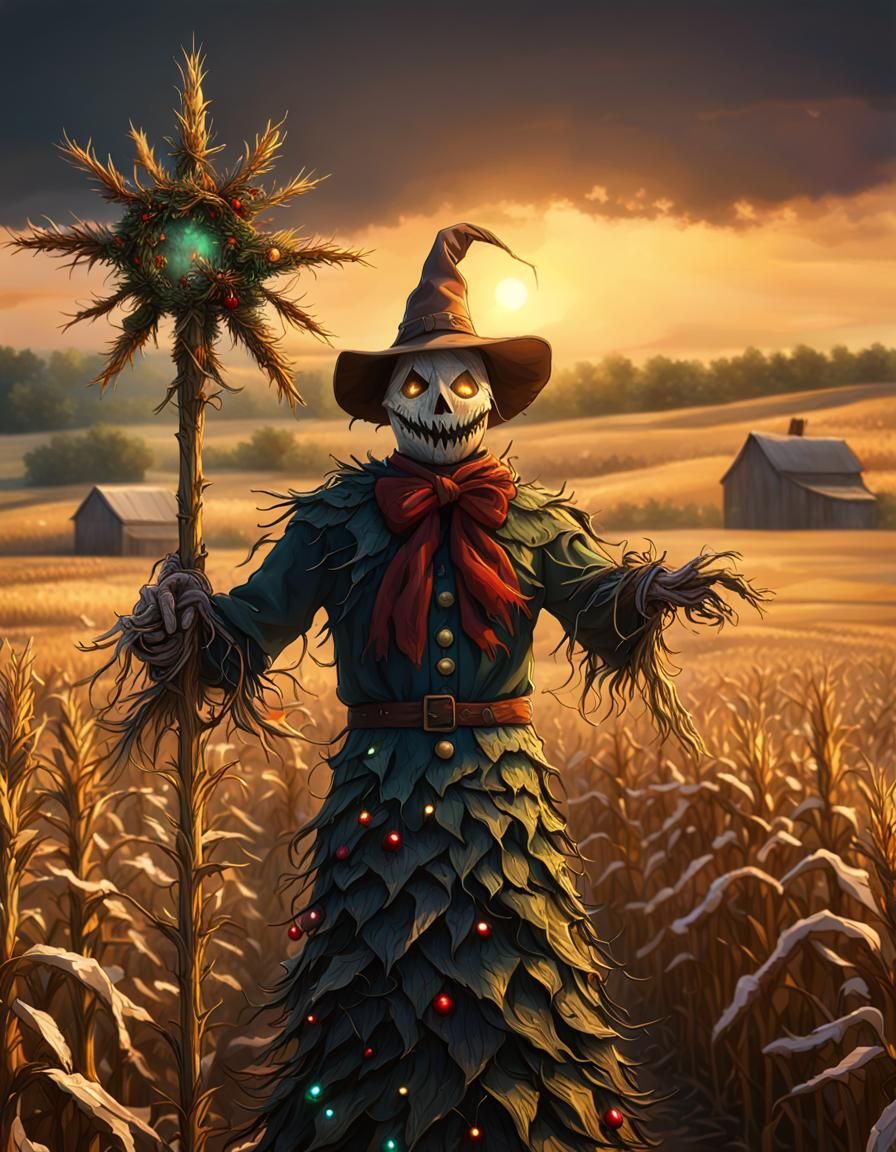 Unconventional Christmas Tree as a scarecrow, Christmas lights hanging ...