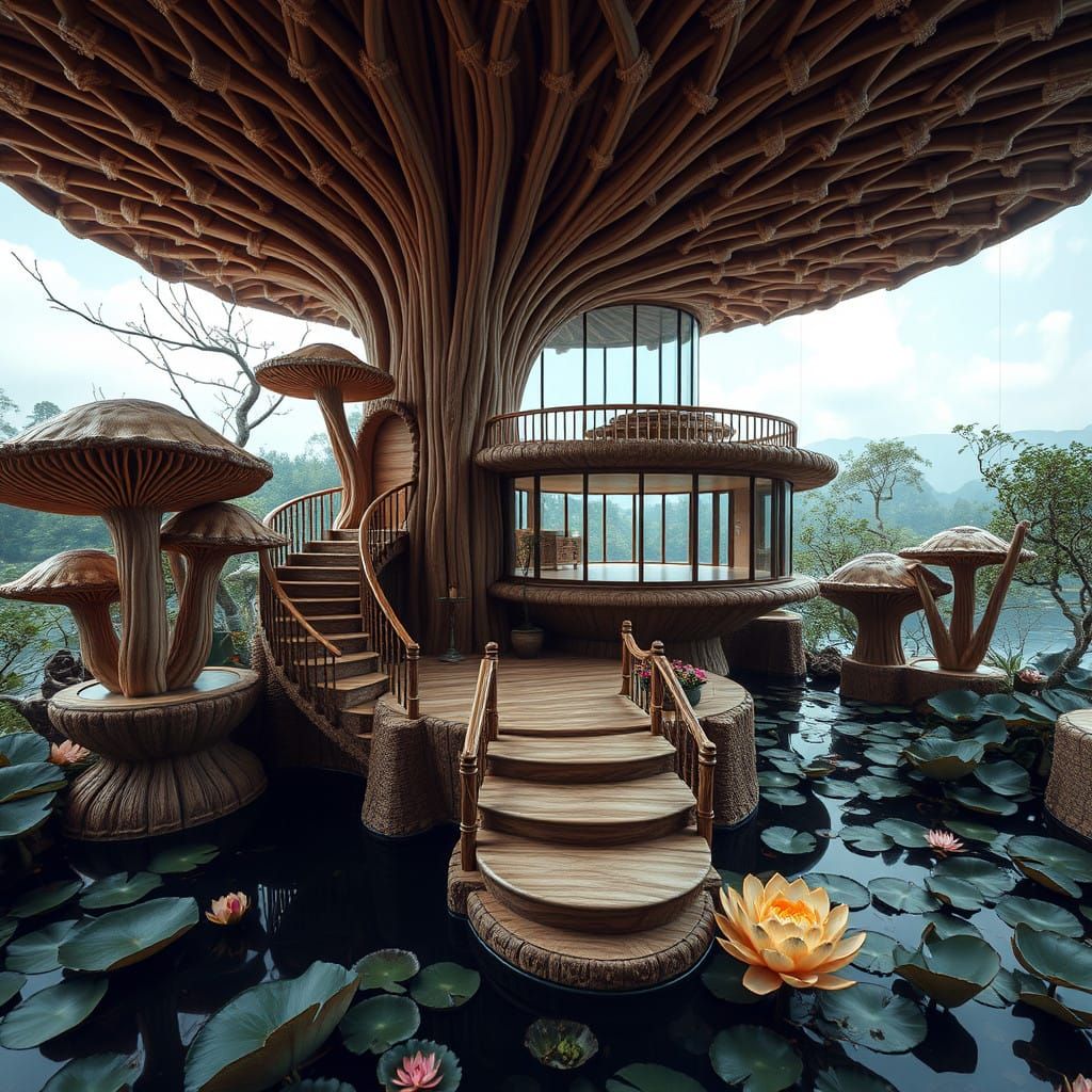 Whimsical Wooden Fungi House with Glass Walls Over... - AI Art