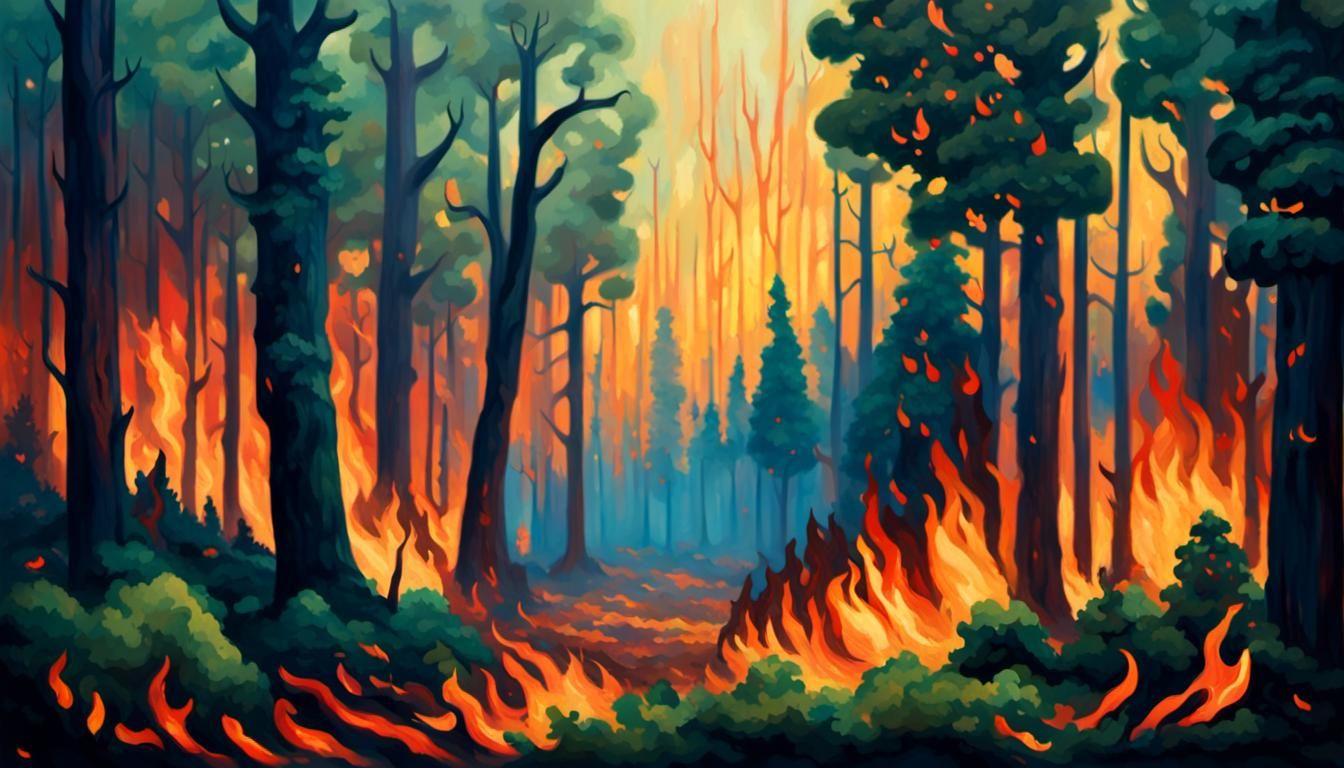 A forest consumed by flames due to the excessive heat from climate ...