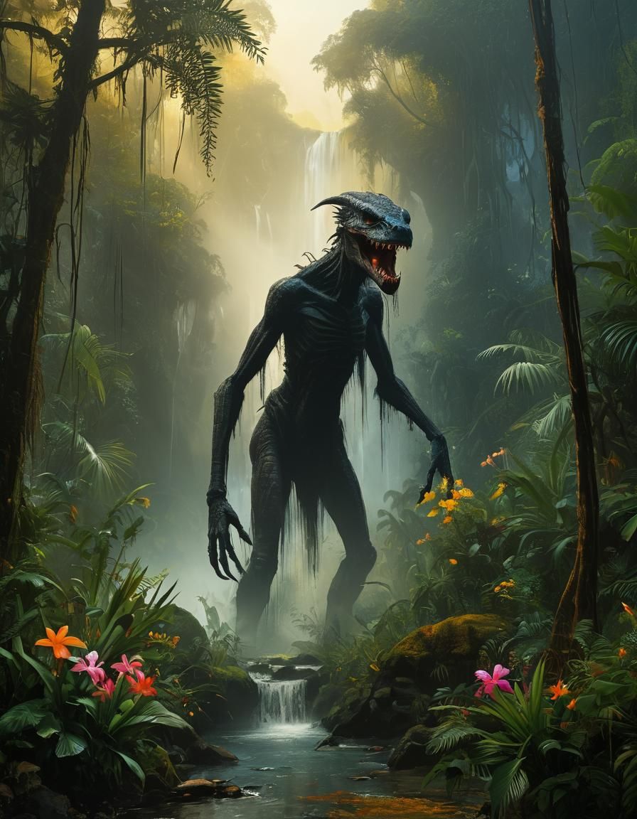 Surreal saurian horror creature in the jungle - AI Generated Artwork ...