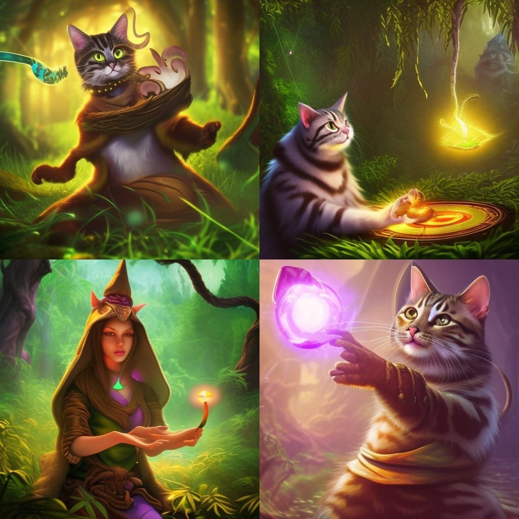 a mind-blowing portrait of a cat warlock casting a magic spell on a ...
