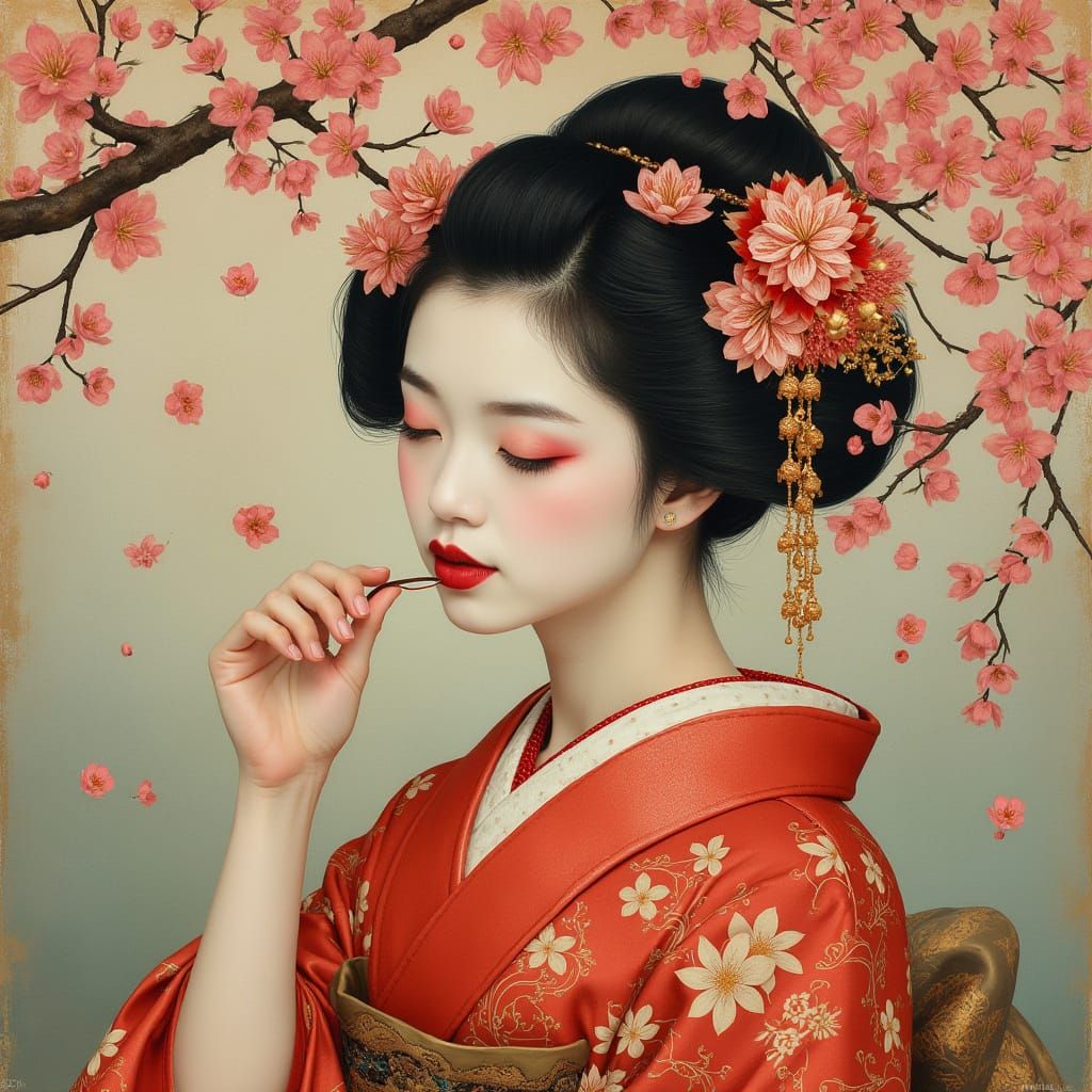 Ethereal Geisha Amidst Vibrant Cherry Blossoms in ... - AI Art