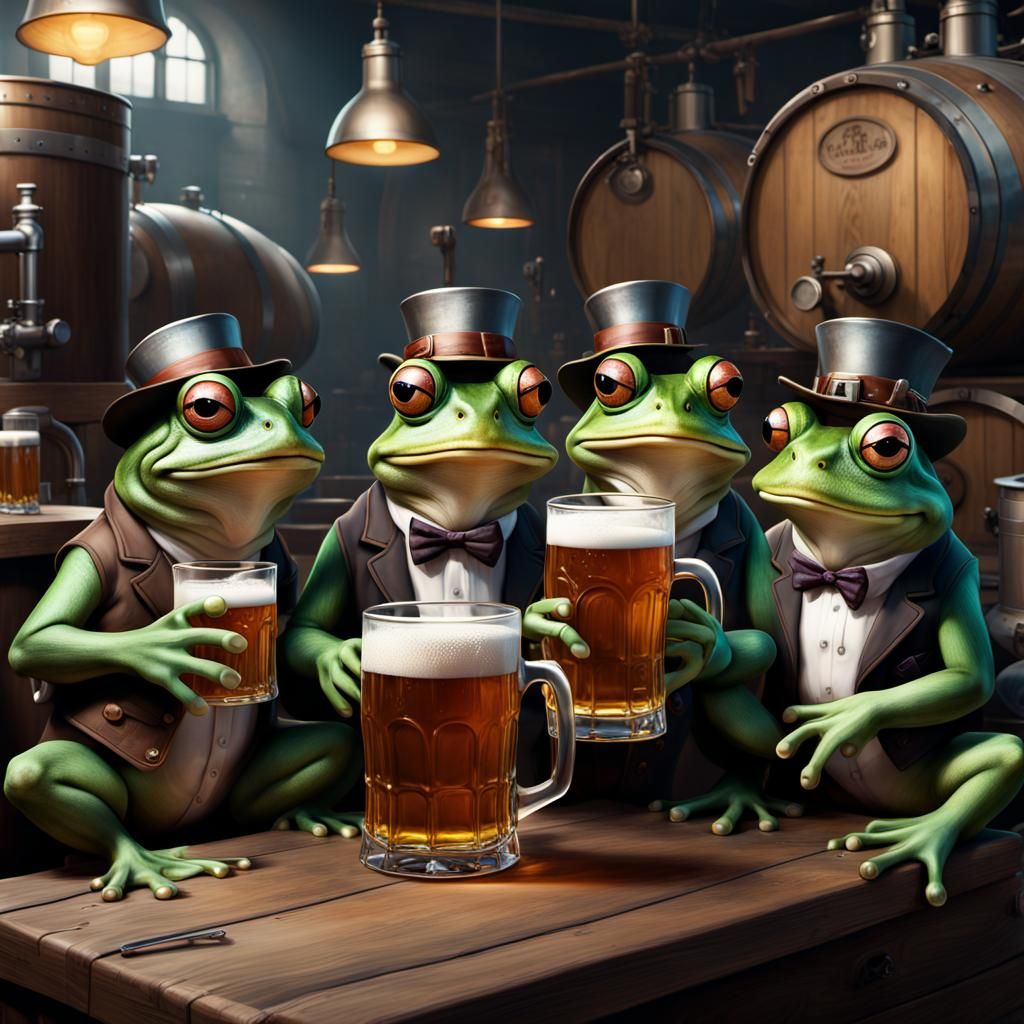 three frogs with hats drinking beer at a brewery - AI Generated Artwork ...
