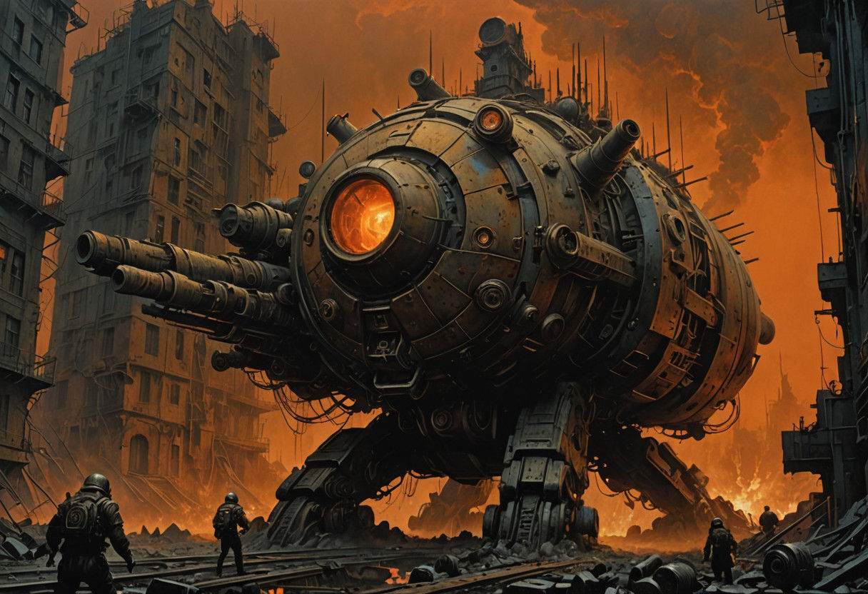 A menacing, metallic claw-like cannon, adorned with brass accents and a ...