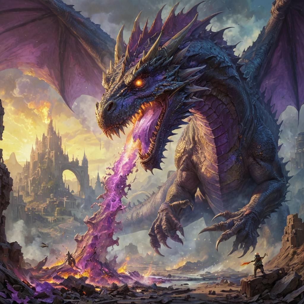 Colossal dragon expelling magical fire, dominating post-apocalyptic ...