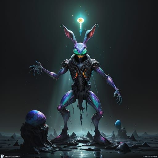 Grotesque Alien Easter Bunny Paints Eggs on Desola... - AI Art
