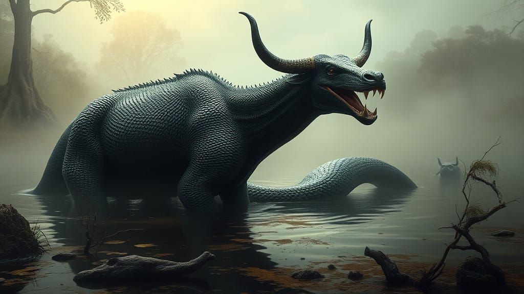 Surreal Australian Bunyip Emerge from Billabong - AI Art